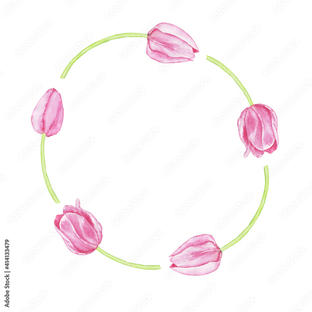 Pink tulip round frame isolated on white background. Watercolor hand ...