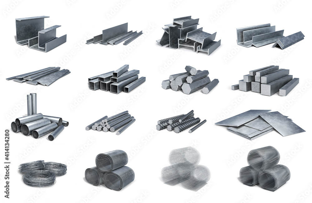 Set of various metal profiles, shapes, tubes, wires, nets, 3d ...
