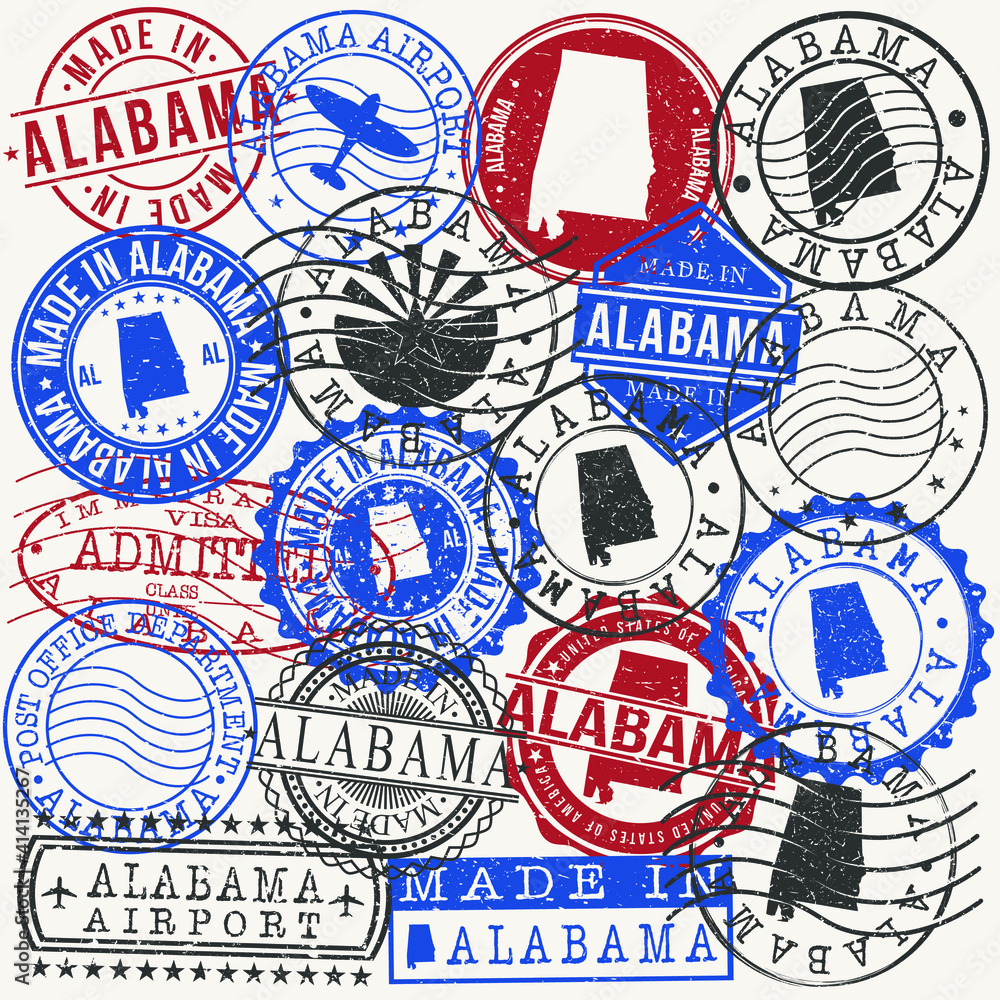 Alabama, USA Set of Stamps. Travel Passport Stamps. Made In Product ...