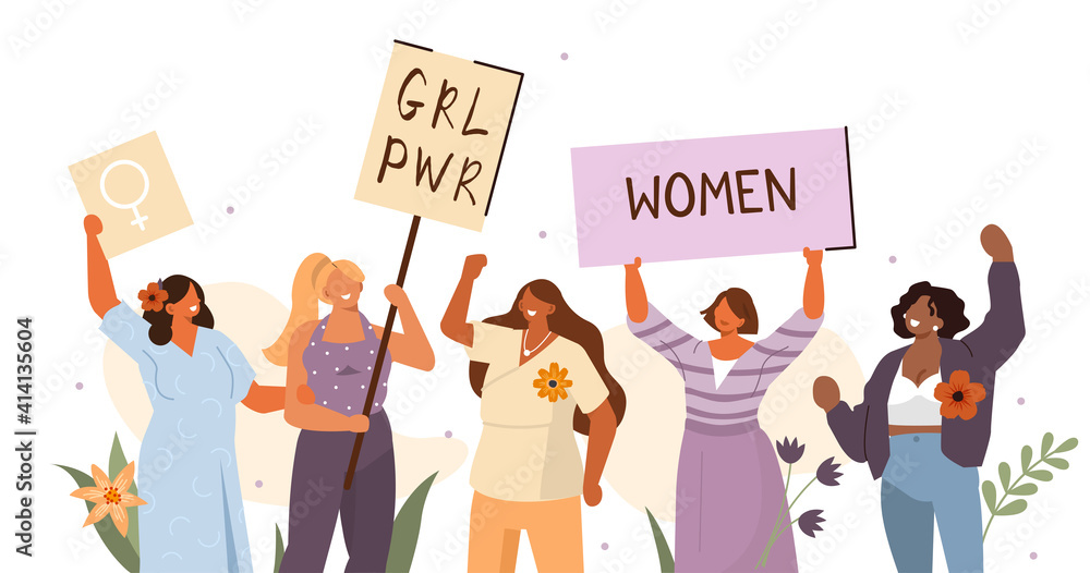Strong Diverse Women Activists Marching For Equality And Womans Rights