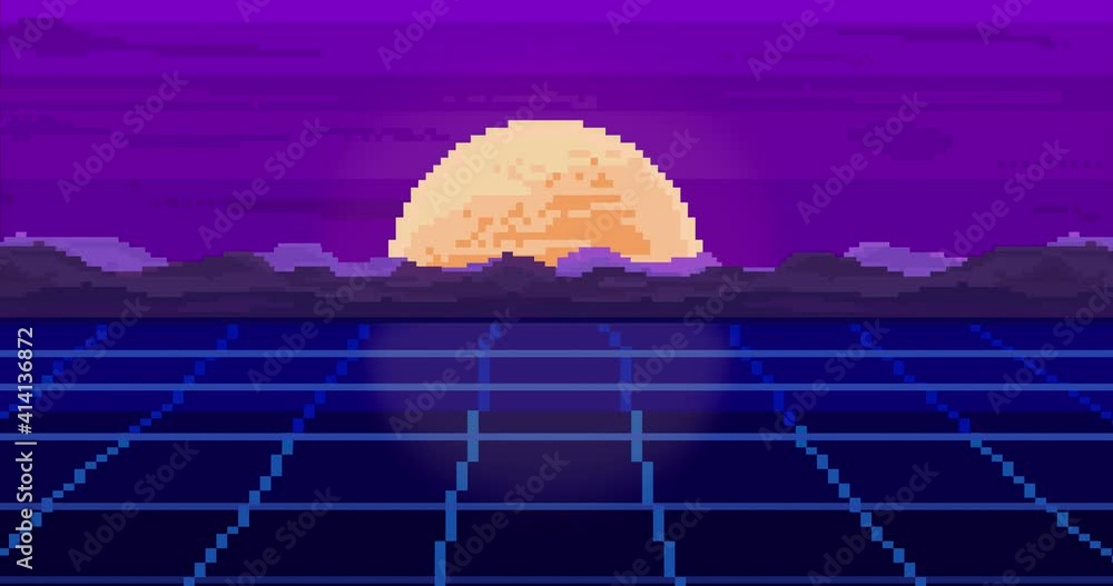 Animation of pixel city retro style, sunrise or sunset. 80s Retro Sci ...