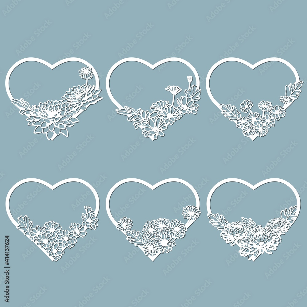 Set stencil hearts with flower. Template for interior design ...