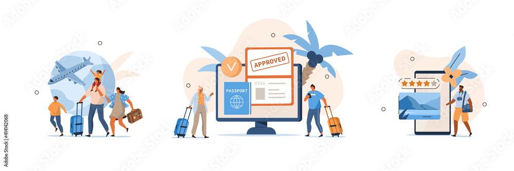 Various Travel Icons. Characters Planning Trip and Choosing Destination ...