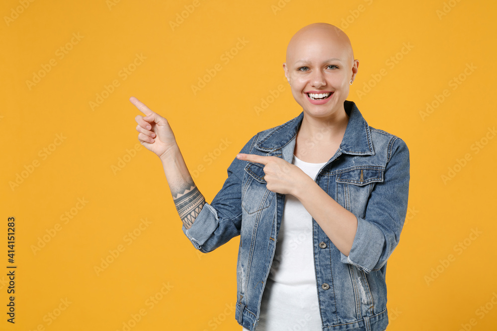 Young bald smiling happy caucasian woman 20s without hair in casual ...