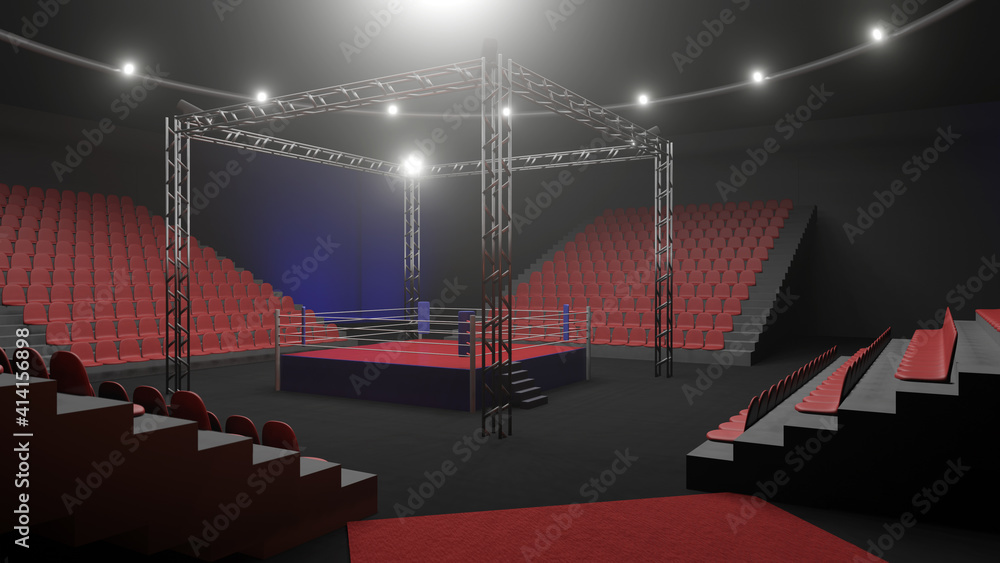 3D boxer arena. Isolated empty boxing ring with light. 3D rendering ...