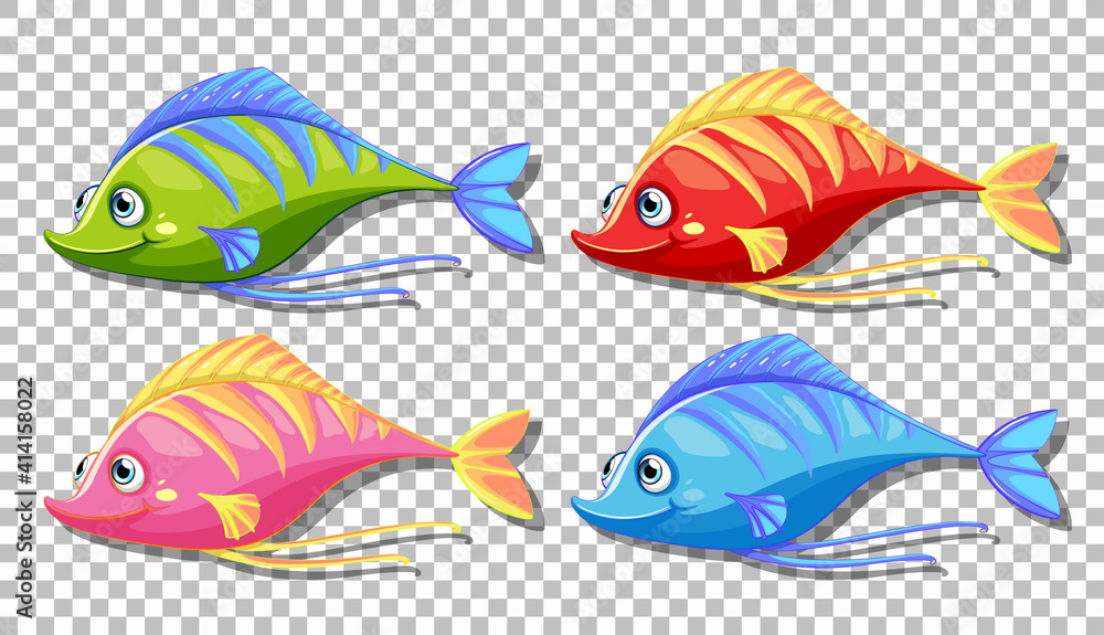 Set of many funny fishes cartoon character isolated on transparent ...