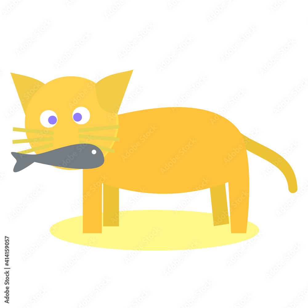 Cat eat fish and put it in the mouth. Funny animals flat vector cartoon ...