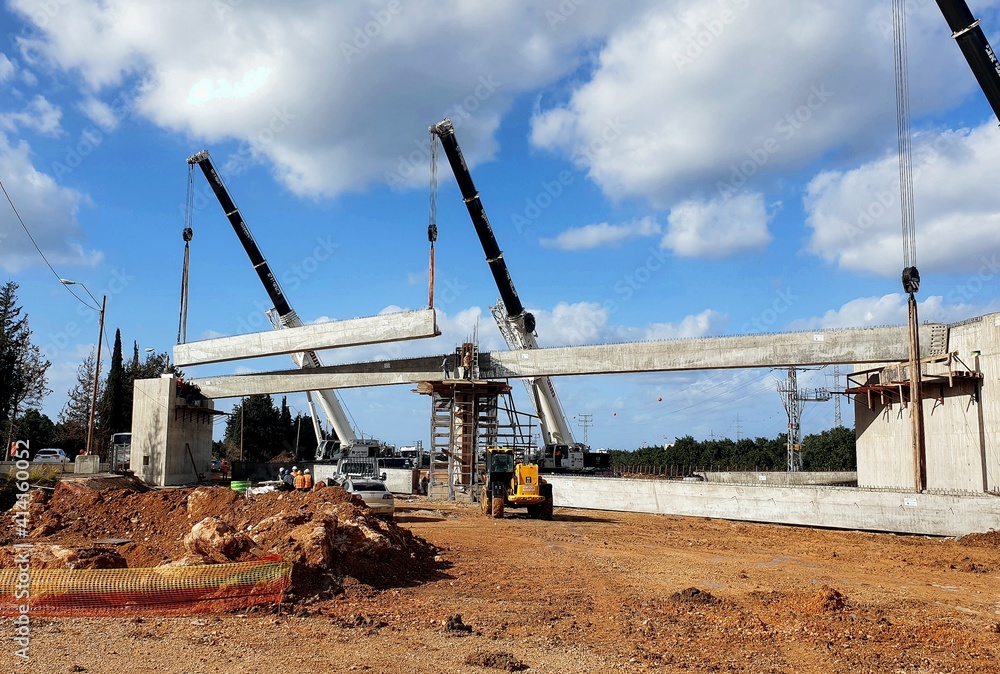 site with crane, bridge construction , bridge support construction ...