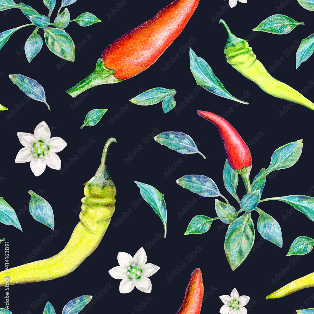 seamless pattern with red and yellow peppers, with leaves and flowers ...