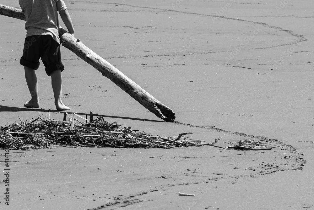 Child dragging a large piece of driftwood across the sand on a beach ...