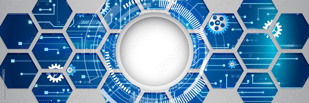Abstract wide technology background with hexagons and gear wheels. Hi ...