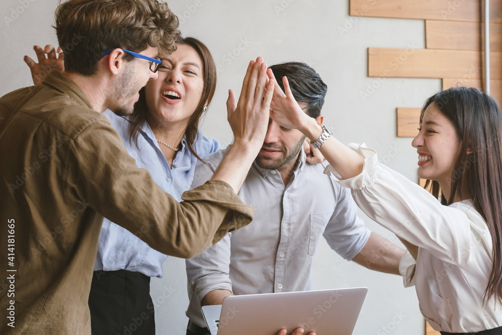 Cheer up,Amazed business people group,teamwork of young asian,caucasian ...