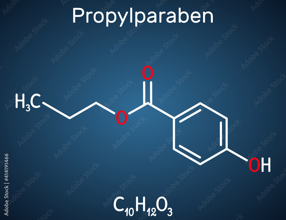 Propylparaben, propyl paraben molecule. It is benzoate ester, paraben ...