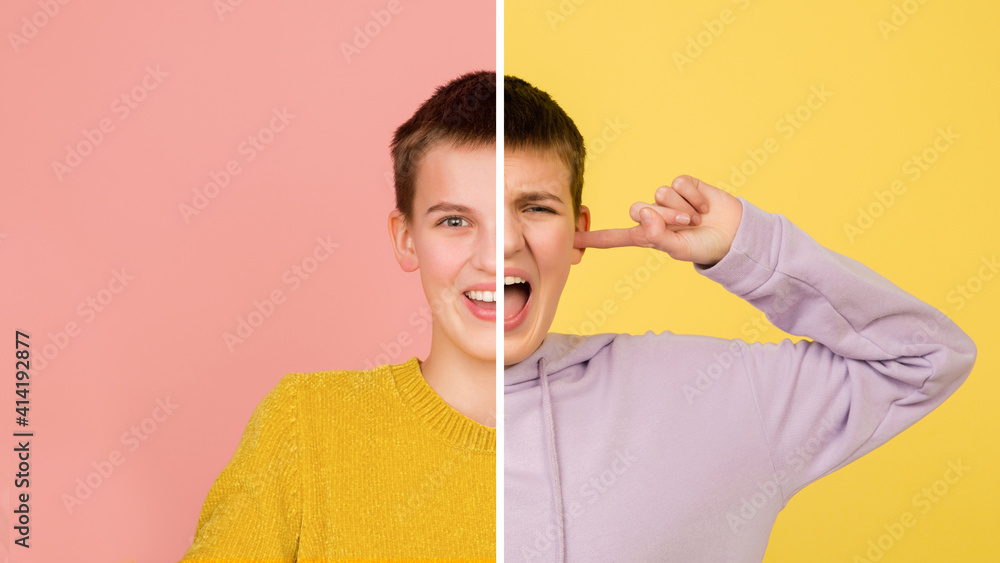 Laughting and screaming. Fun and creative combination of portraits of ...