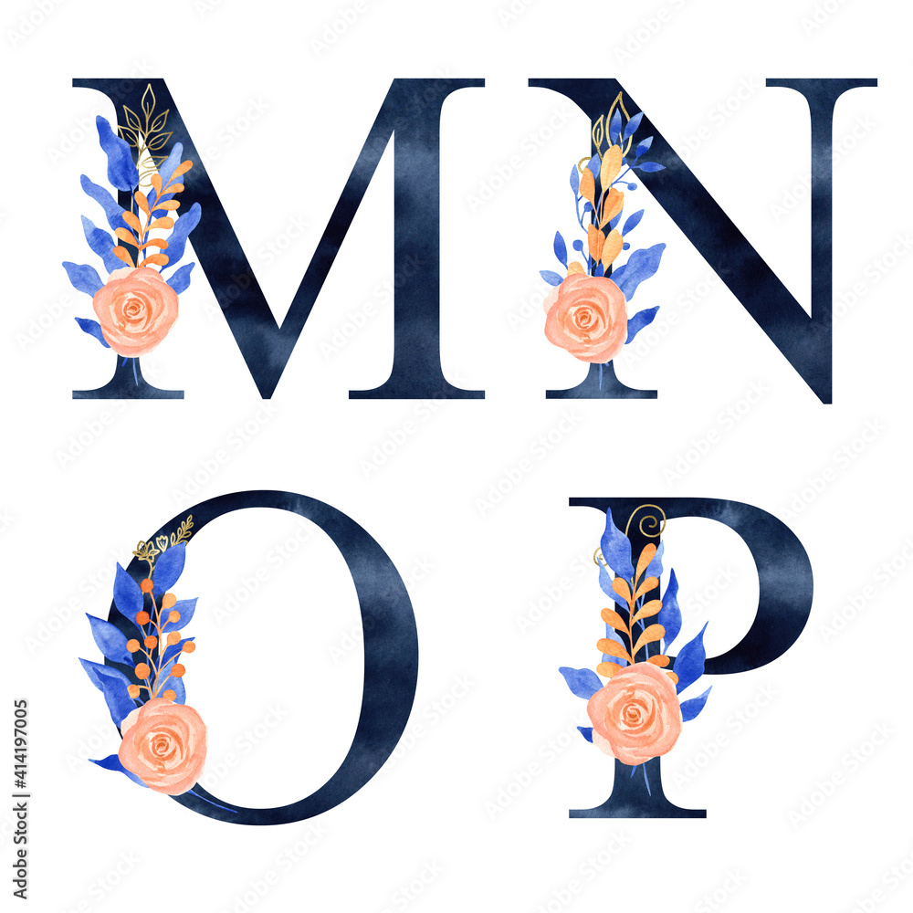 Watercolor Navy Blue Floral Alphabet Set Collection with blue and ...