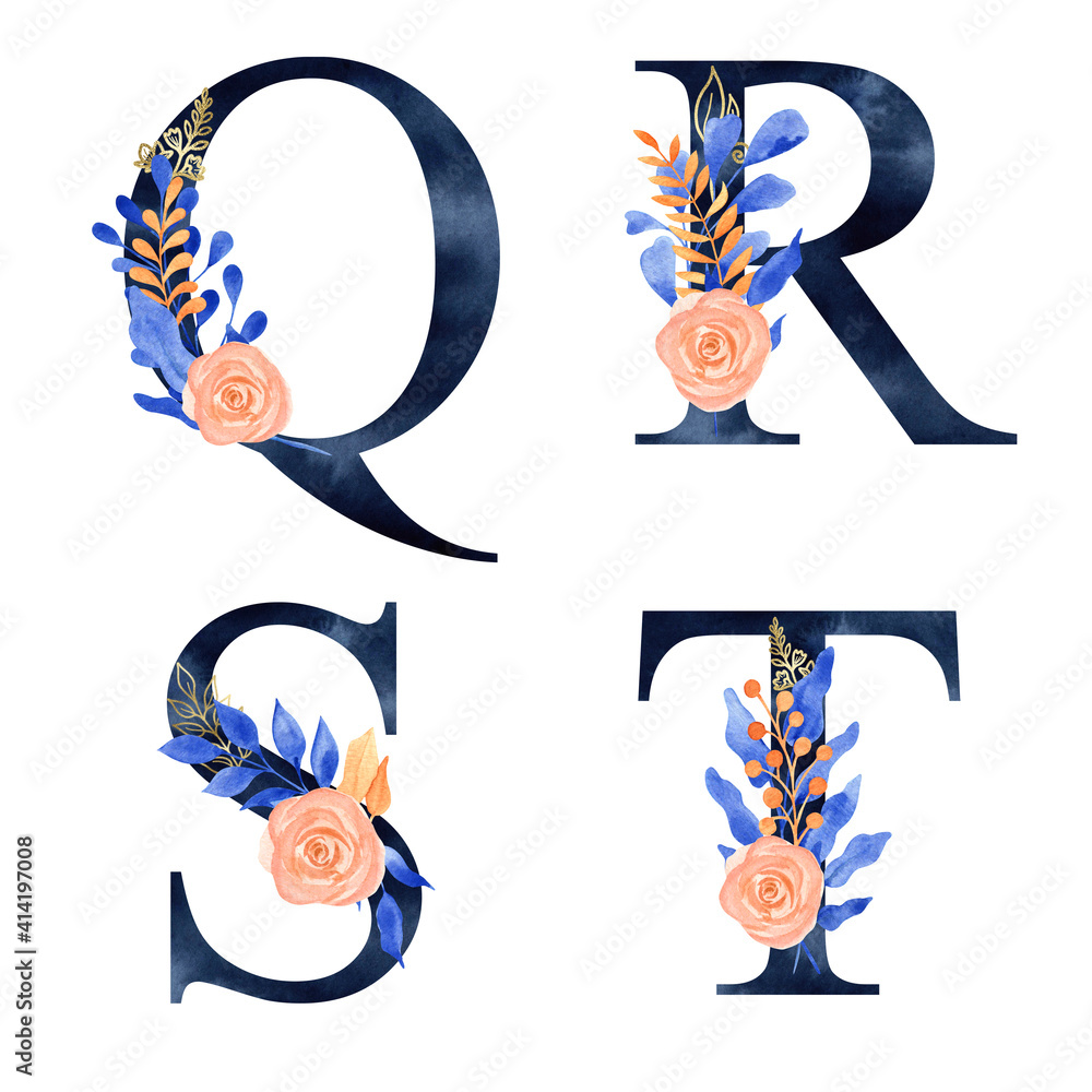 Watercolor Navy Blue Floral Alphabet Set Collection with blue and ...