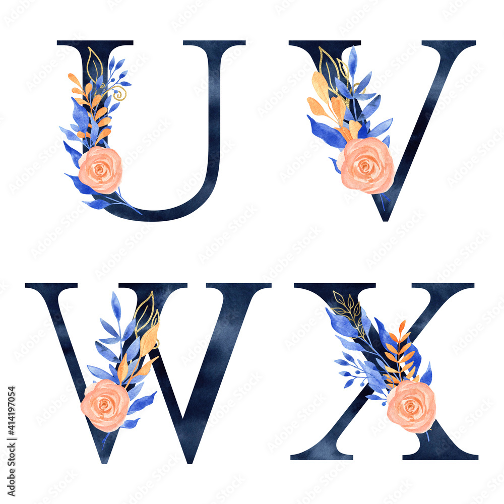 Watercolor Navy Blue Floral Alphabet Set Collection with blue and ...