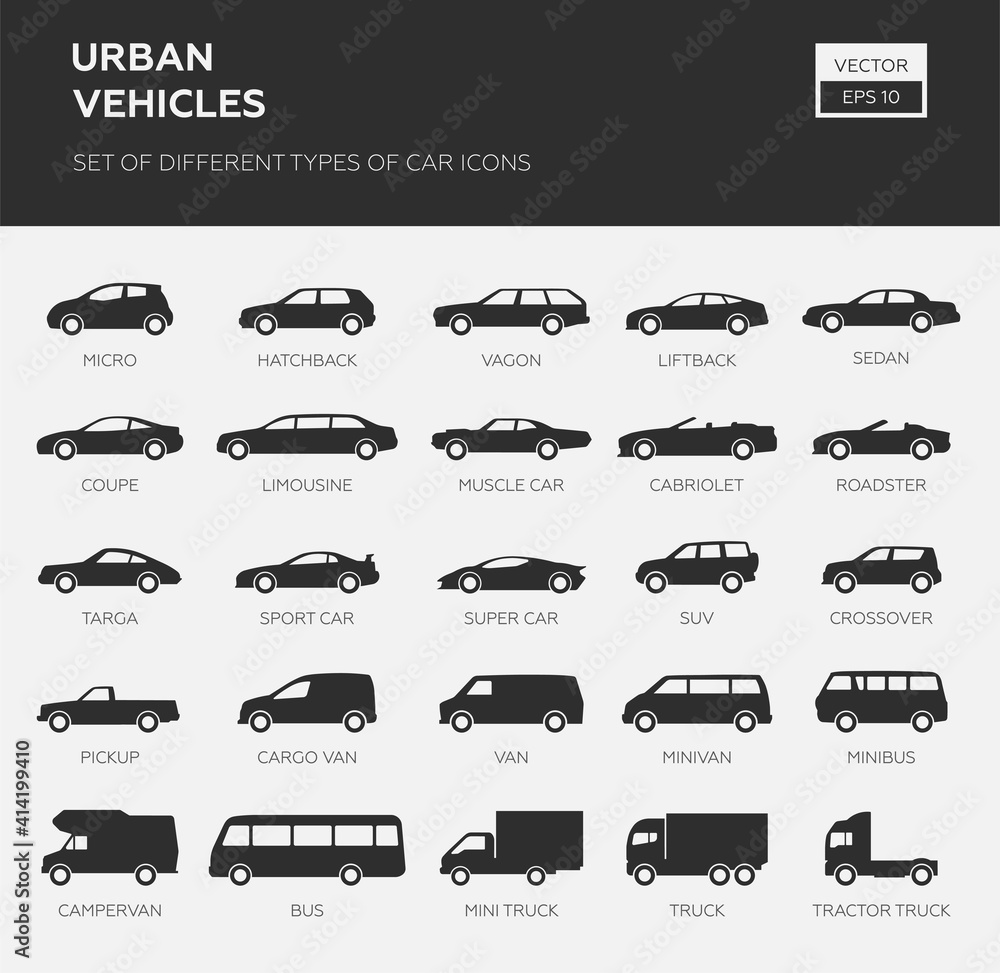 Car Type and Model Objects icons Set . Vector black illustration ...