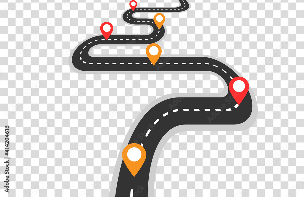 Curved road with red map markers isolated on transparent background ...