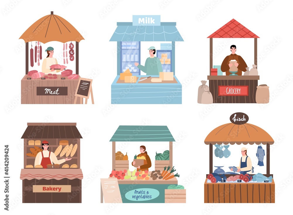 Set of local farmers characters behind stall counters. Local marketing ...