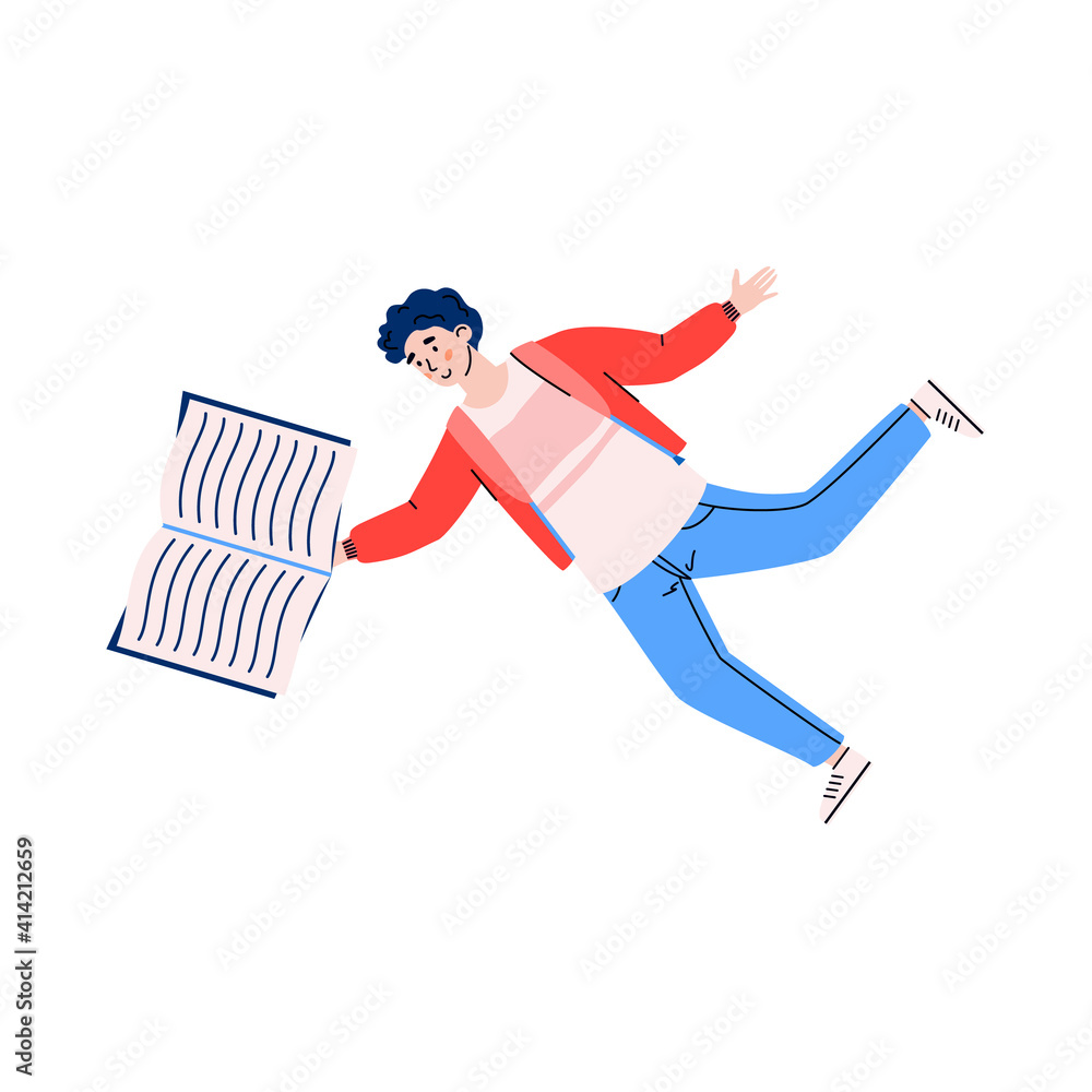 Young man floating in the air with an open book, cartoon vector ...