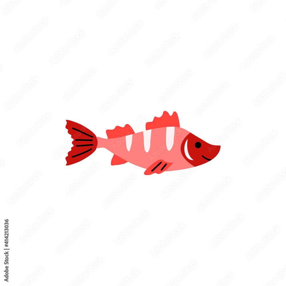 Cute pink fish with red fins cartoon symbol or icon, flat vector ...