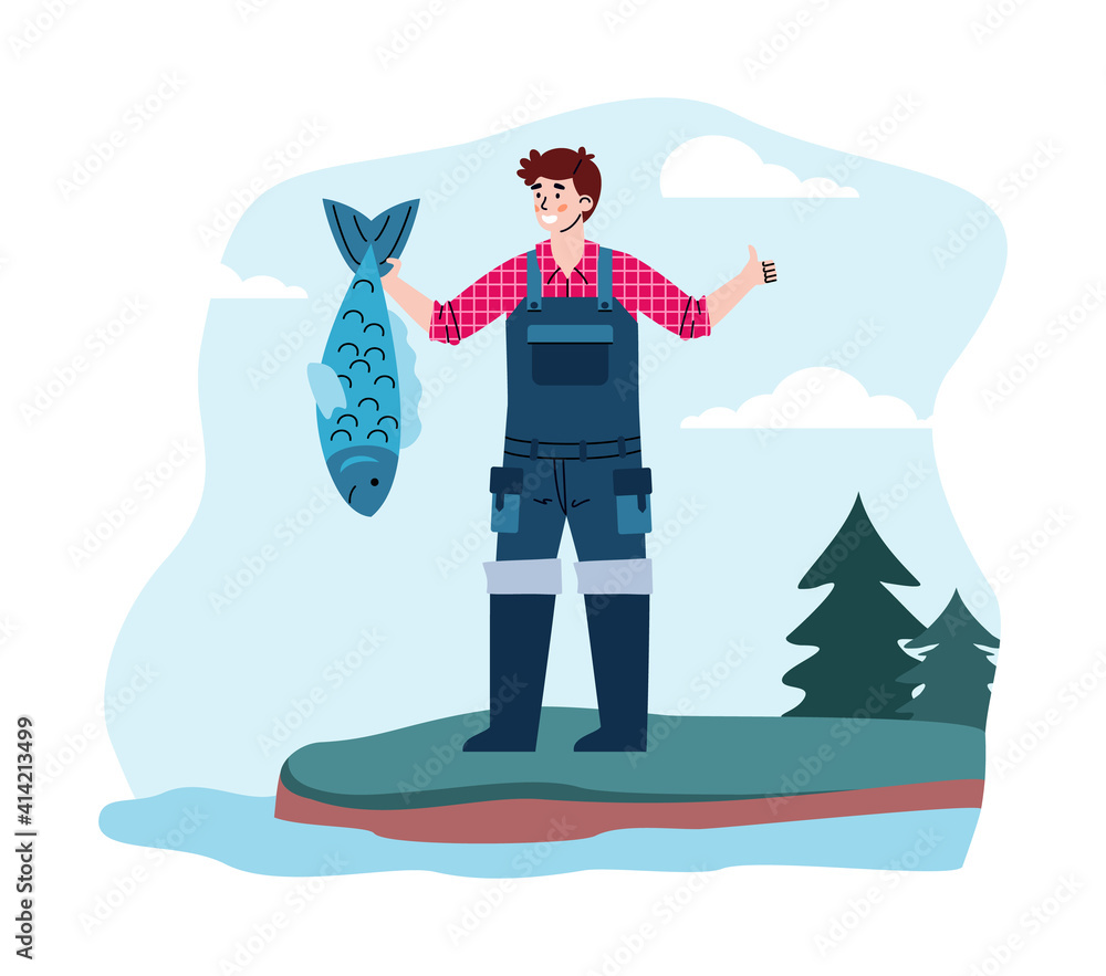 Happy fisherman standing on shore hold big catch fish in hand and ...
