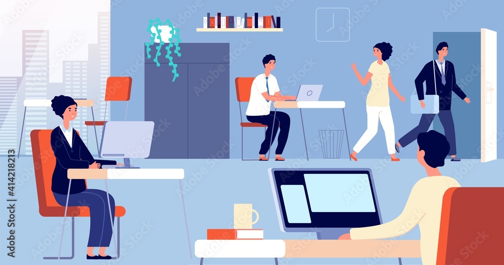 People leave office. Employee open door, man woman going home from work ...