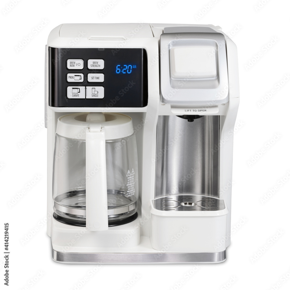 White Auto Drip Coffee Maker Isolated. Glass Carafe 2-Way Automatic ...