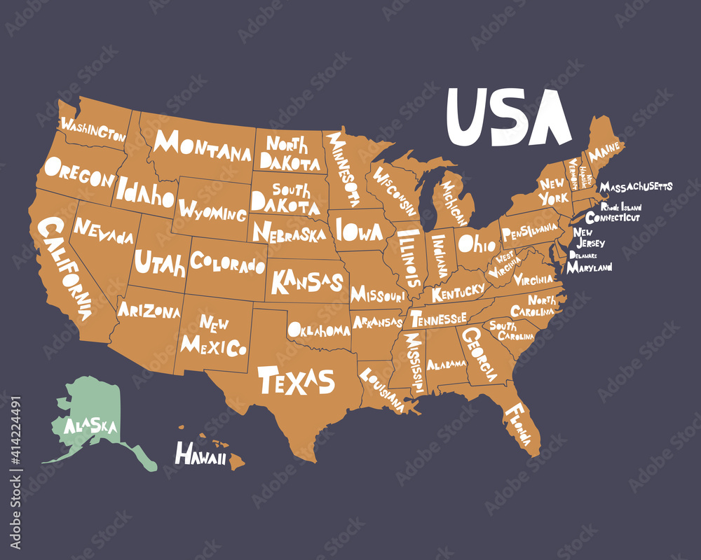 Cartoon silhouette of the map of USA with hand-written names of states ...