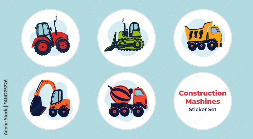 Hand drawn construction cars sticker pack collection. Wheeled tractor ...
