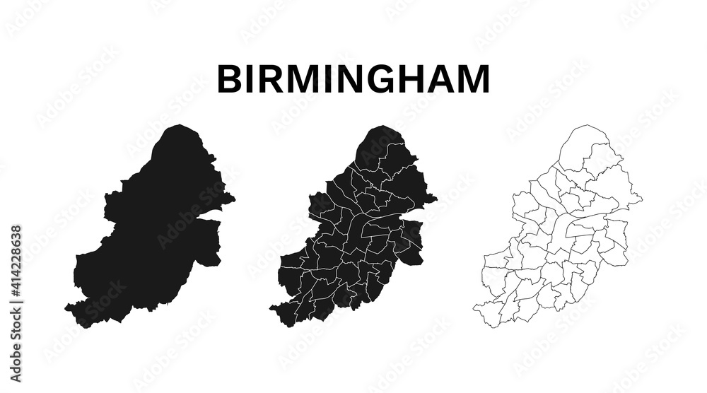 Birmingham England Map Black Silhouette and Outline Isolated on White ...