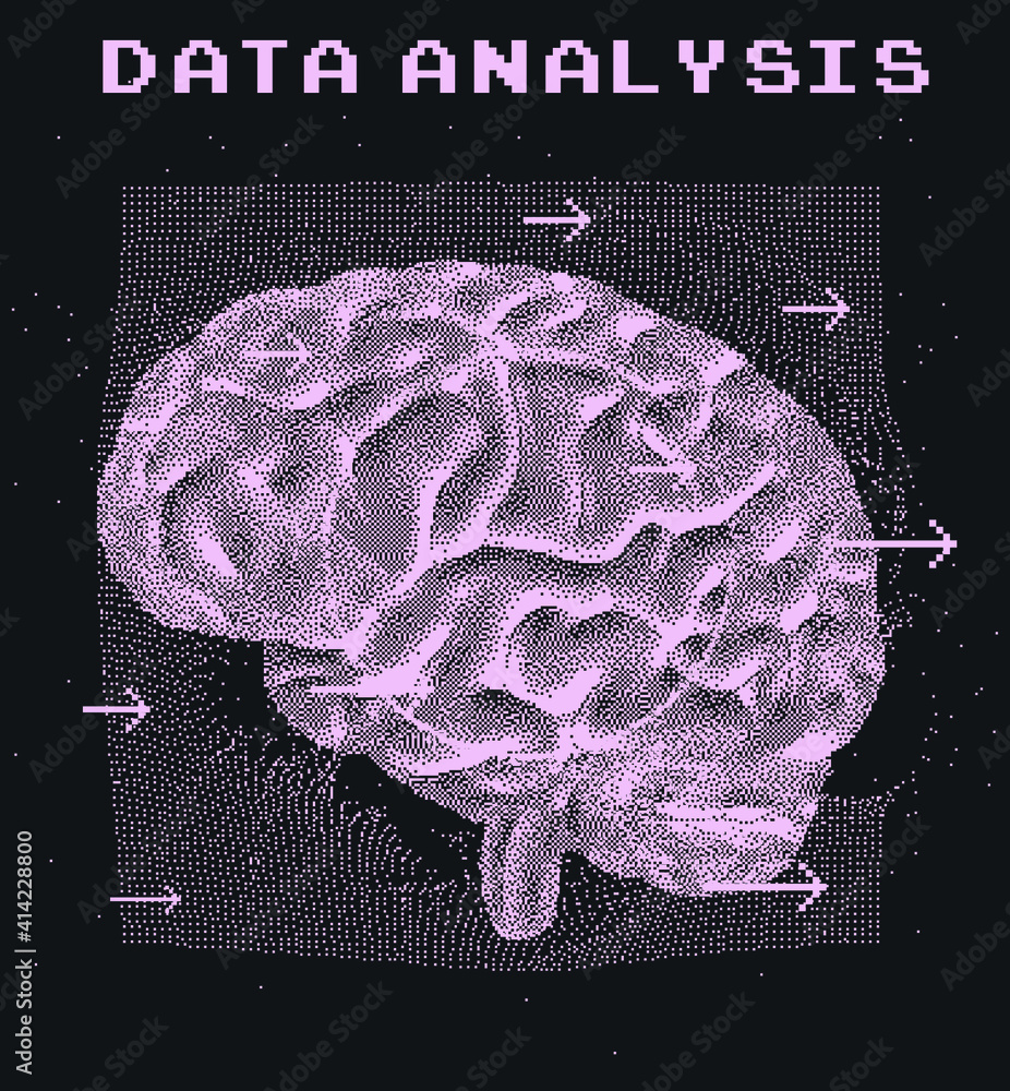 3D vector illustration of brain made of pixels and particles. Concept ...
