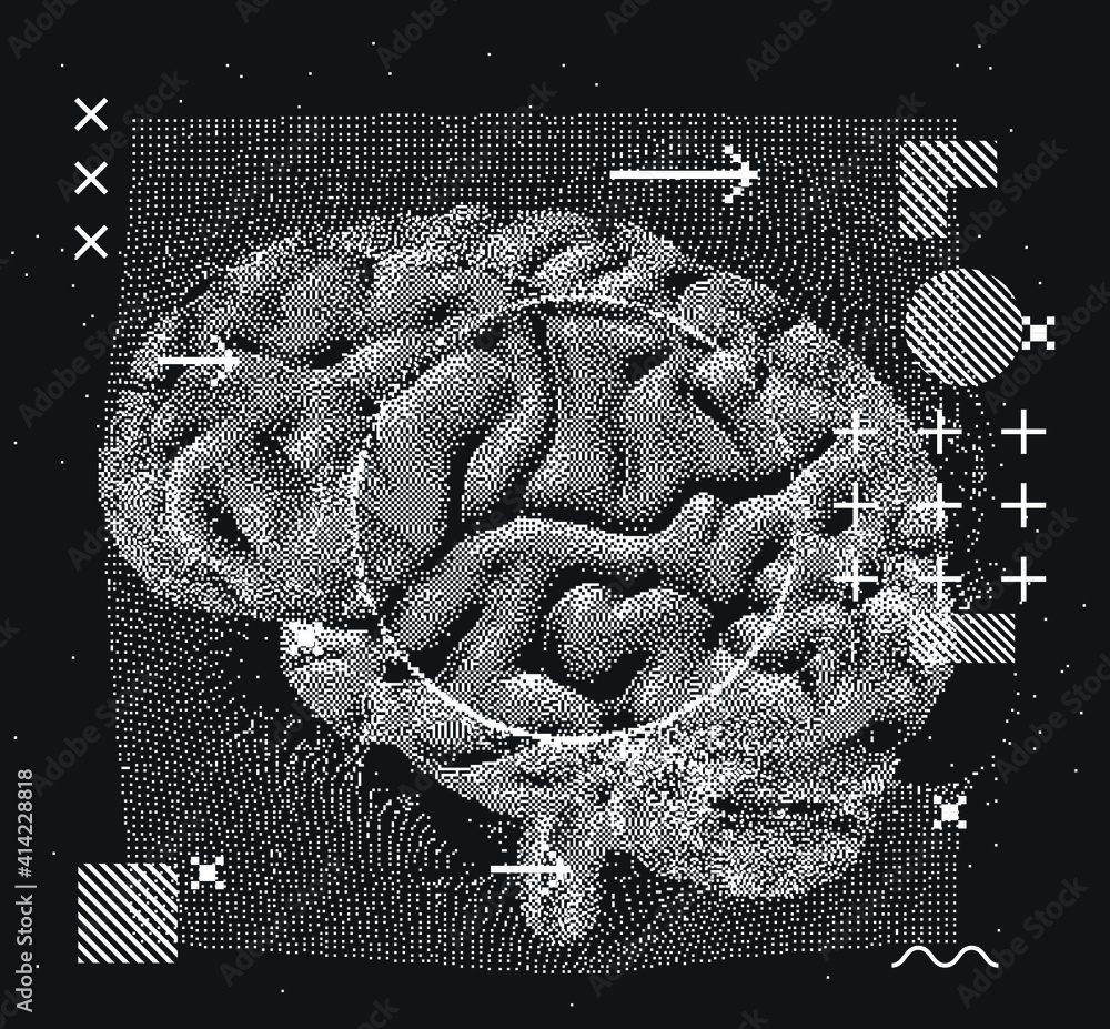 3D vector illustration of brain made of pixels and particles. Concept ...