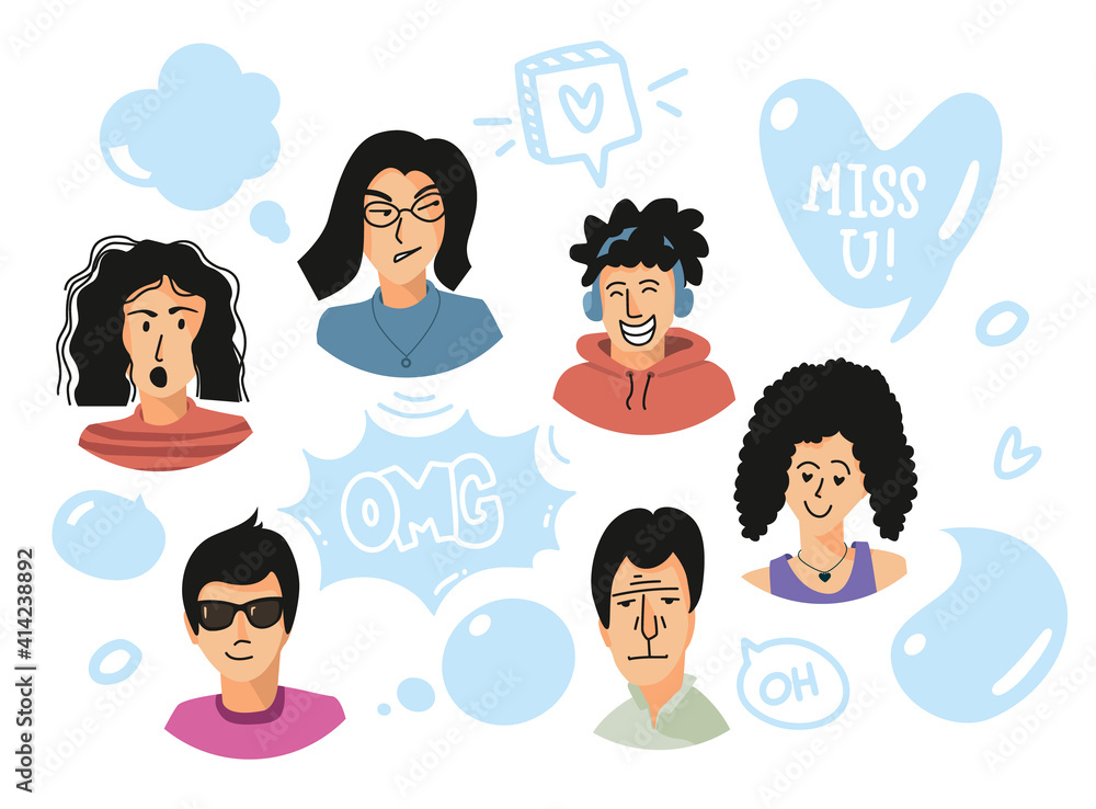Vetor de Flat Avatars and speech bubbles. People emotional faces and ...