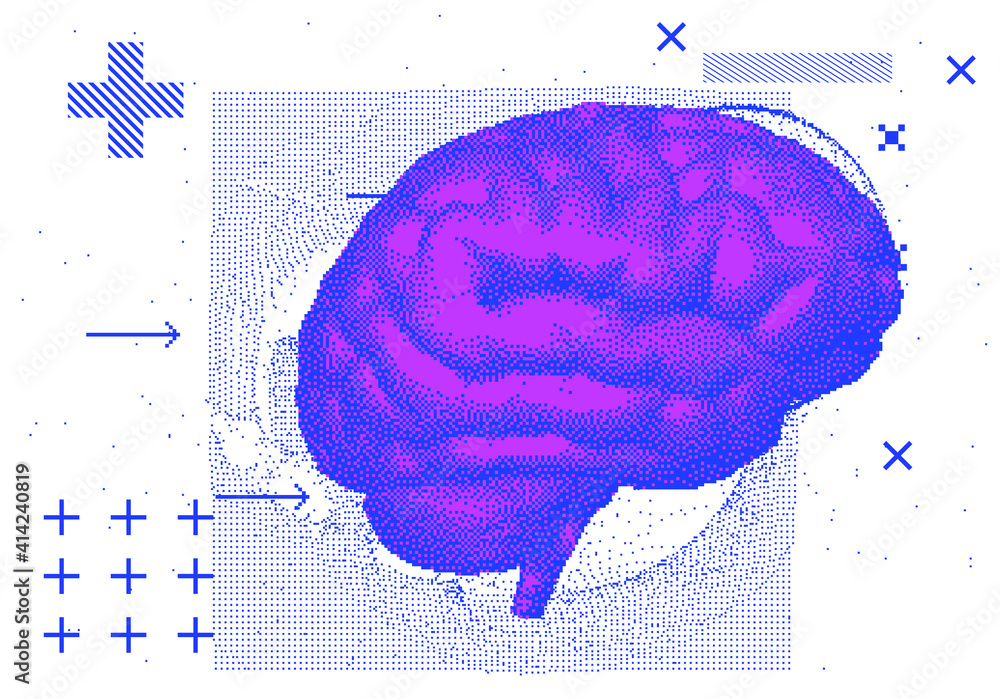 3D vector illustration of brain made of pixels and particles. Concept ...