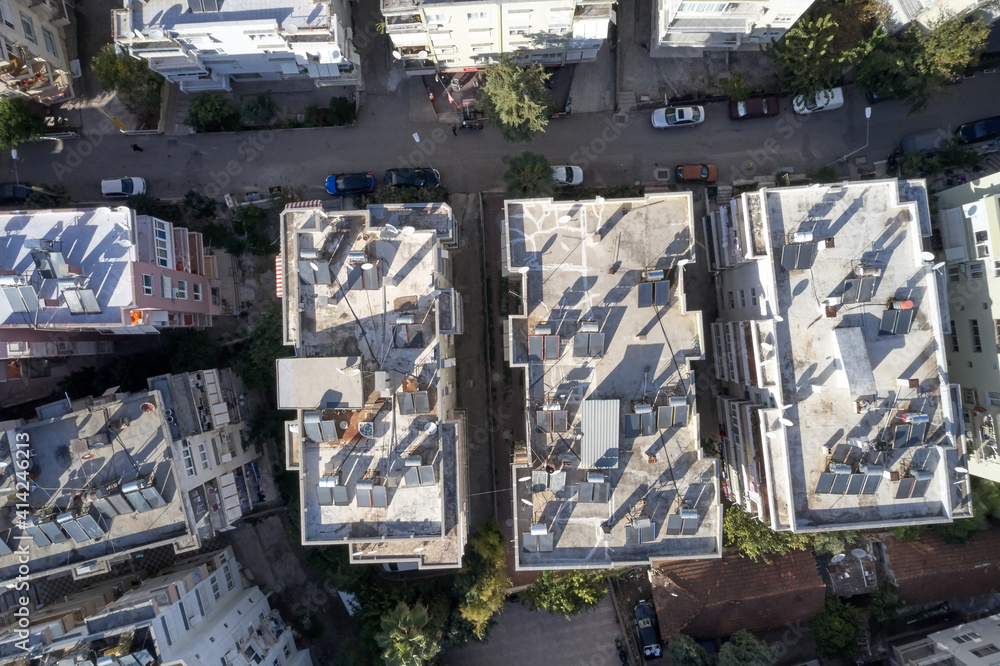 Aerial view of high-rise buildings with terraces. Top view of apartment ...