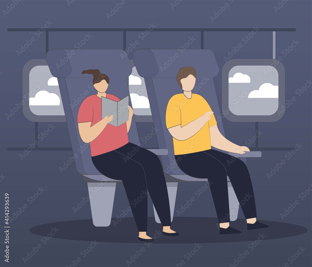 Passengers on their seats inside aircraft. Vector character ...