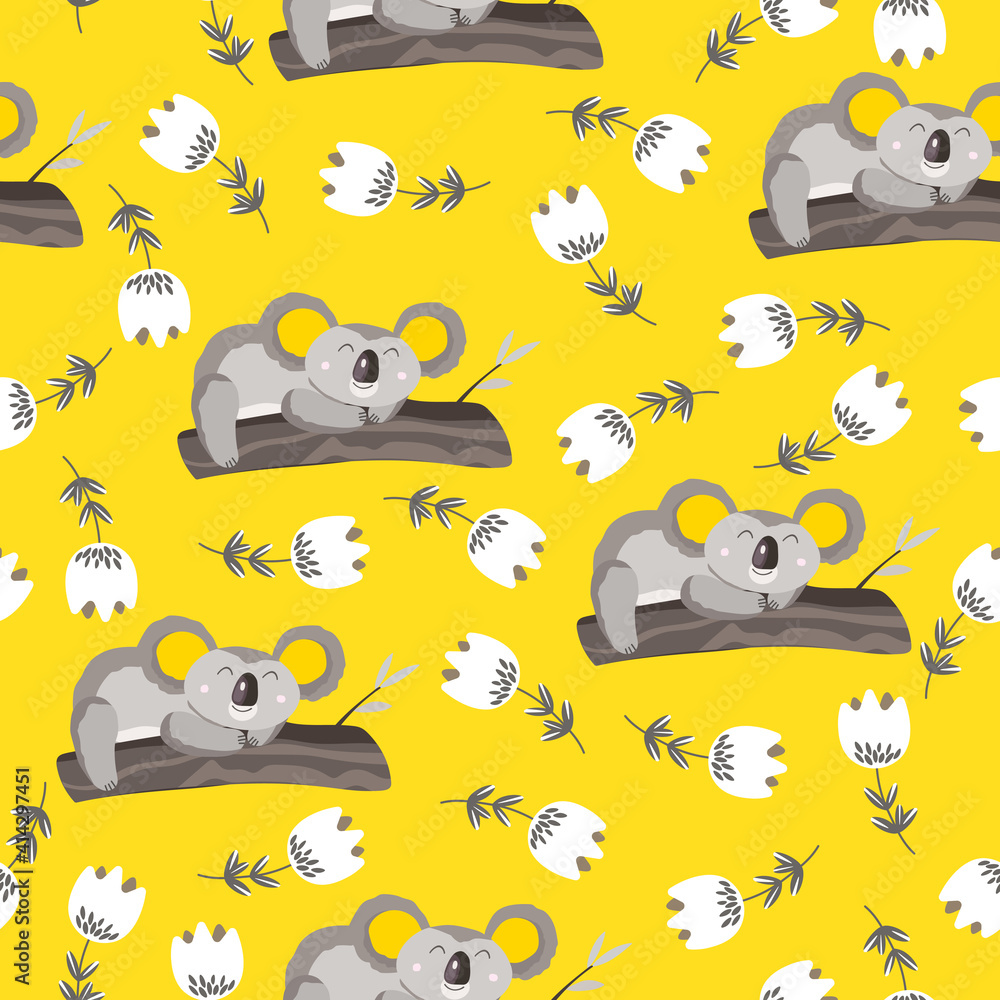 Seamless pattern with cute koala baby and flowers on color background ...