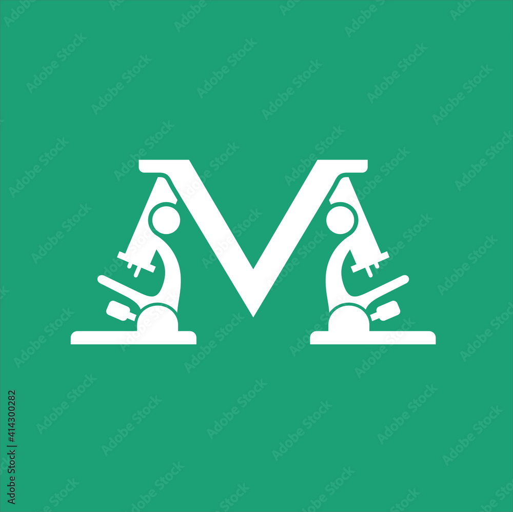 icon of initial M and microscope, logo template for laboratory with a ...