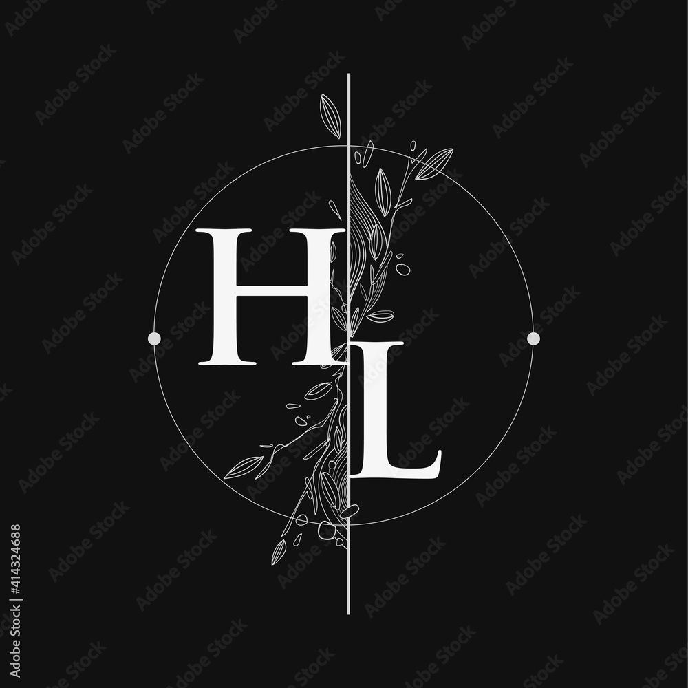 Letter HL Initial Logo with Hand Draw Floral, Initial Wedding Font Logo ...