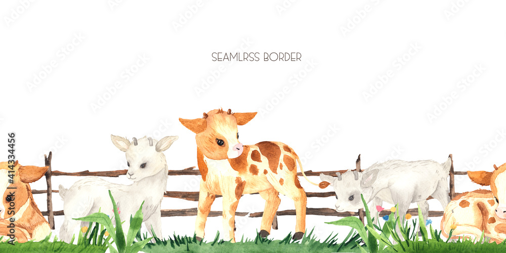 Watercolor farm village seamless border with cute little farm animals ...