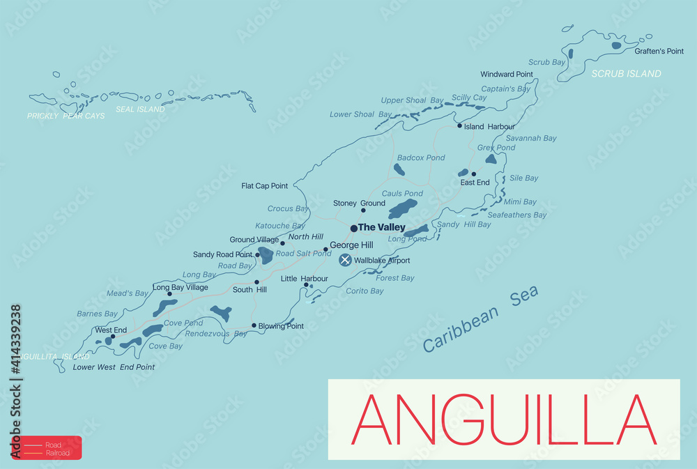 Anguilla detailed editable map with regions cities and towns, roads and ...