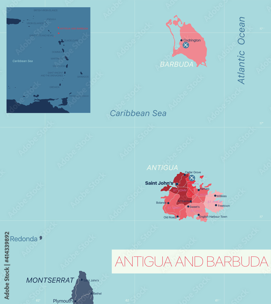 Poster Antigua and Barbuda detailed editable map with regions cities ...