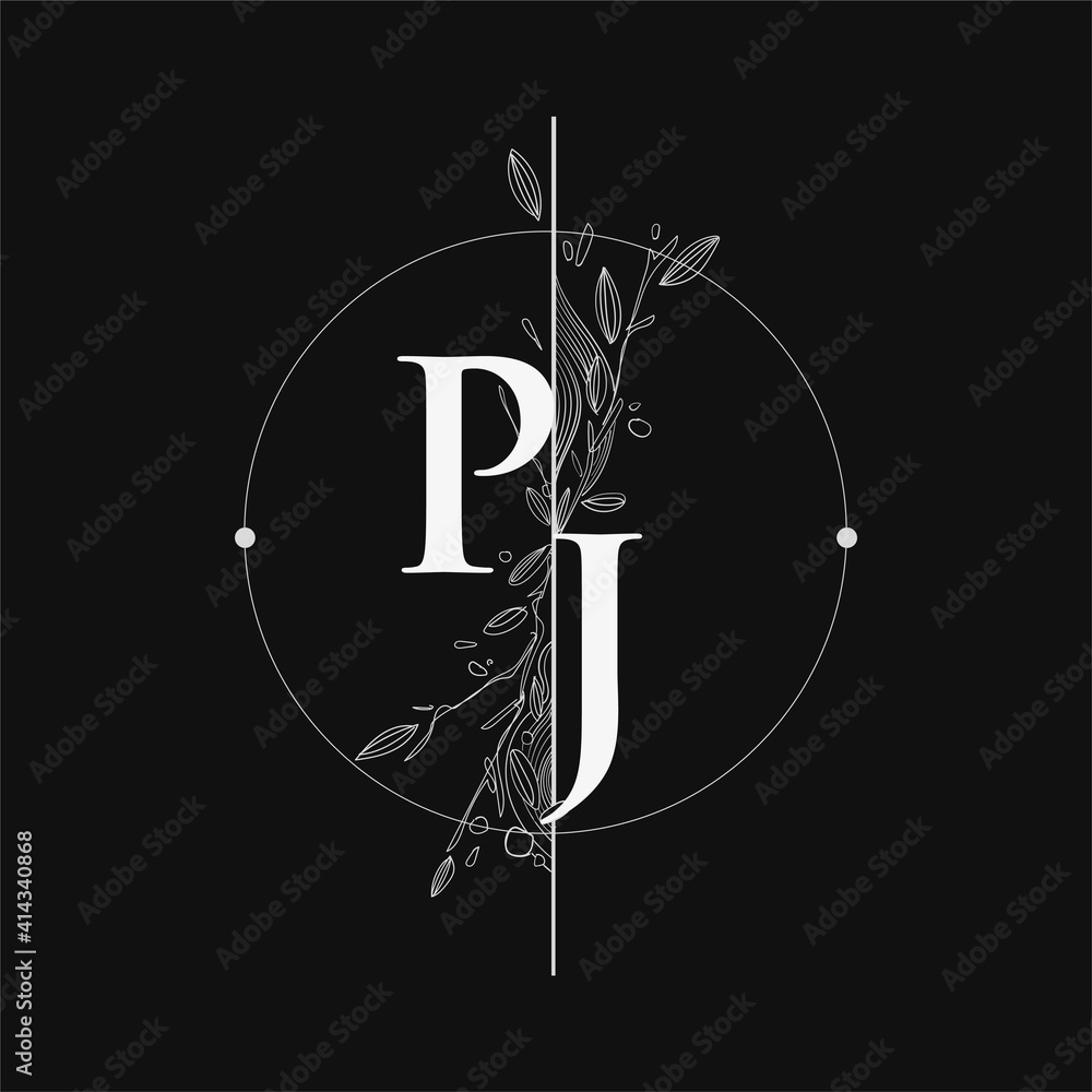 Letter PJ Initial Logo with Hand Draw Floral, Initial Wedding Font Logo ...