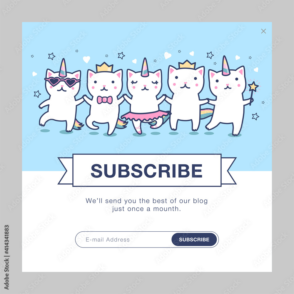 Newsletter design with unicorn cats. Cute dancing caticorns with ...