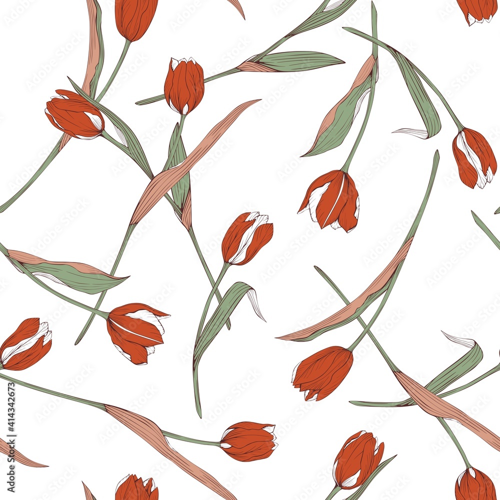 Scattered tulips. Vector seamless floral pattern on a white background ...