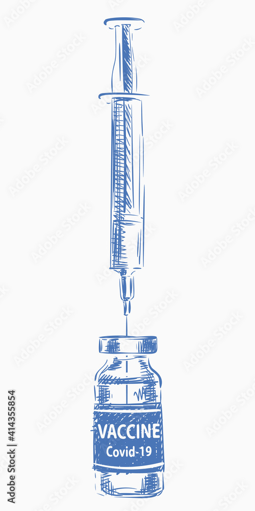 Vaccine Covid-19 syringe and vial medicine bottle vector drawing, Blue ...