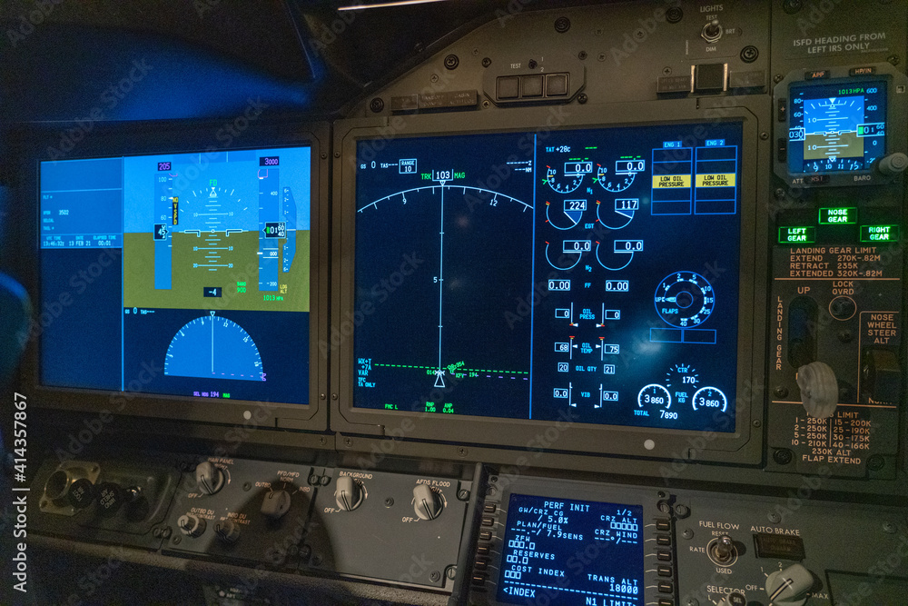 displays and cockpit layout of a modern passenger jet airplane Stock ...