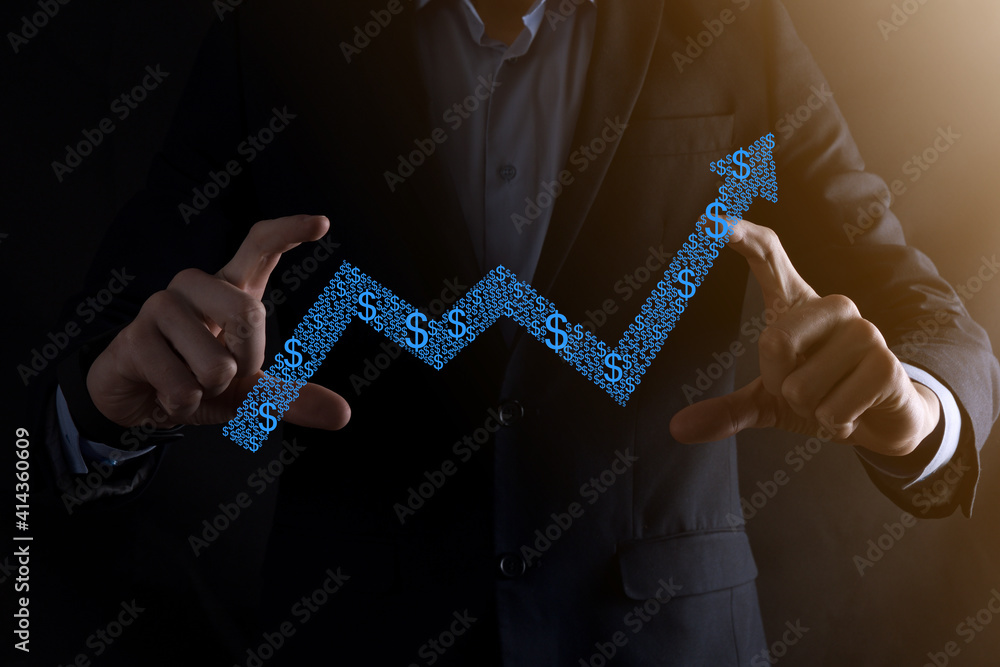 Businessman hold drawing on screen growing graph, arrow of positive ...
